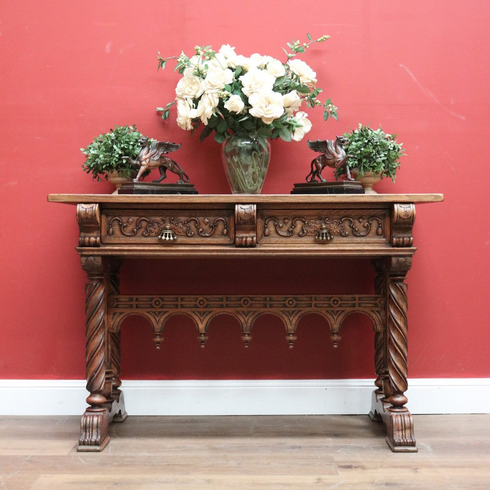 x SOLD Antique French Hall Table, French Oak and Brass Handles Two Dra ...